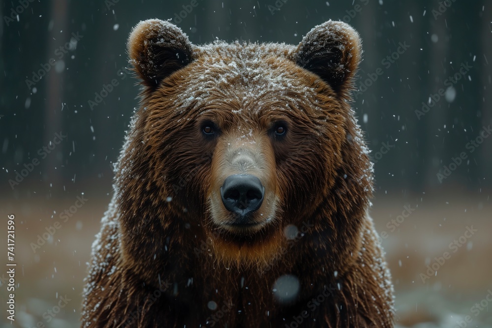 A majestic kodiak bear with a coat of snow on its head, standing proud ...