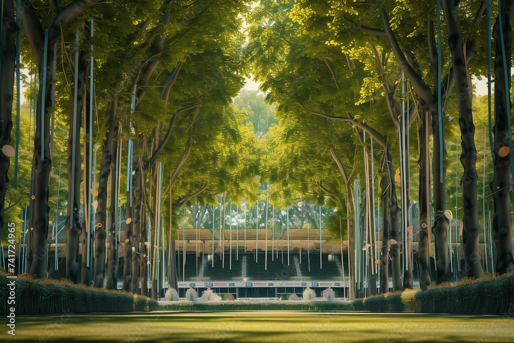 A cricket stadium surrounded by tall, elegant trees, the leaves ...