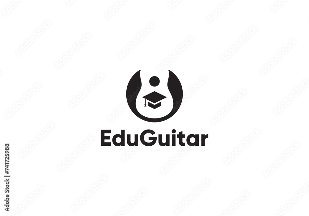 guitar and graduation cap logo. educational music, music school symbol ...