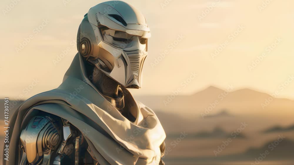 Combat robot in military metal armor. Futuristic cyborg security guard ...