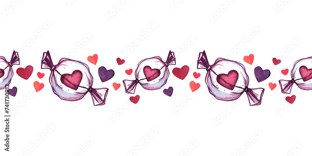 Seamless horizontal border of candies and hearts. Love candy pattern ...