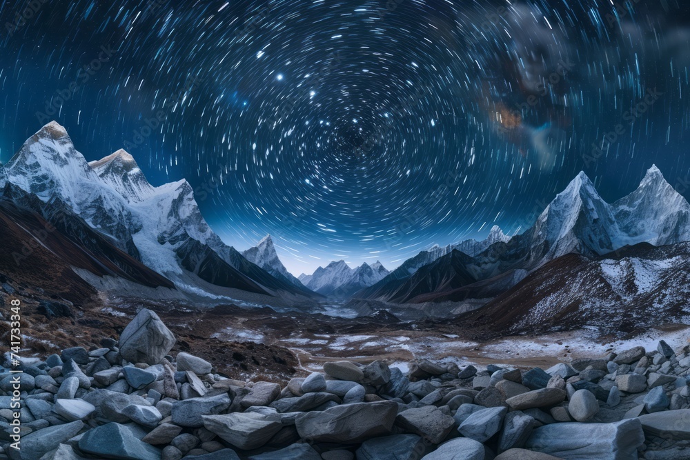 Time-lapse photography, large area circular star trail at dark night ...