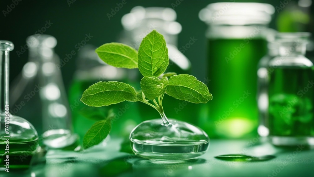 glass of water with green leaf biology laboratory nature and science, plants with biochemistry ...