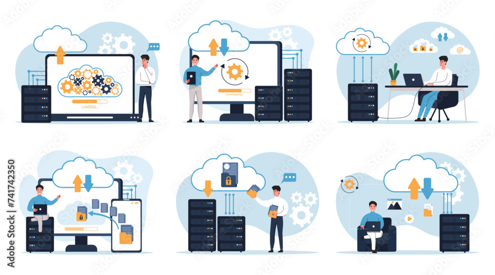 Cloud computing isolated set. Secure connection, storage and cloud technology.Data transfer ...