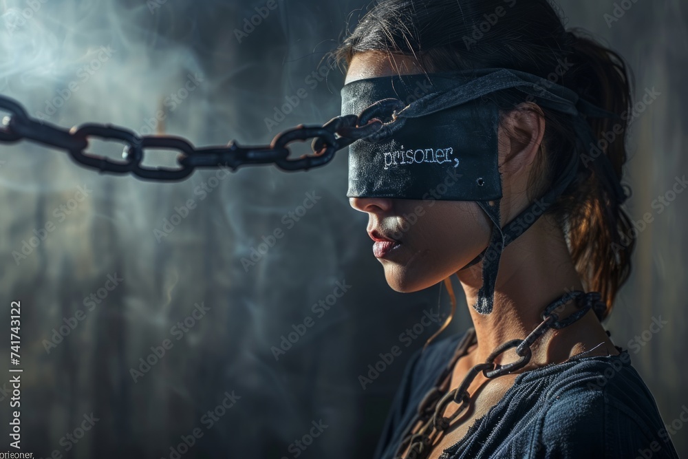 Profile portrait of a chained female prisoner with a blindfold labeled "prisoner" covering her ...