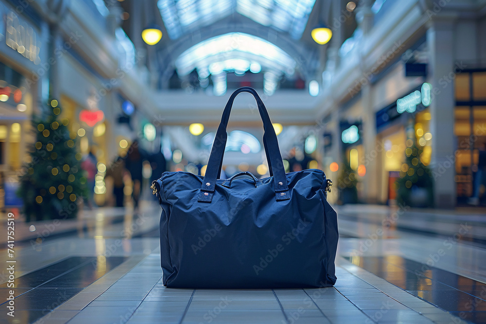 Black duffle bag in the center of an empty shopping mall corridor Stock ...