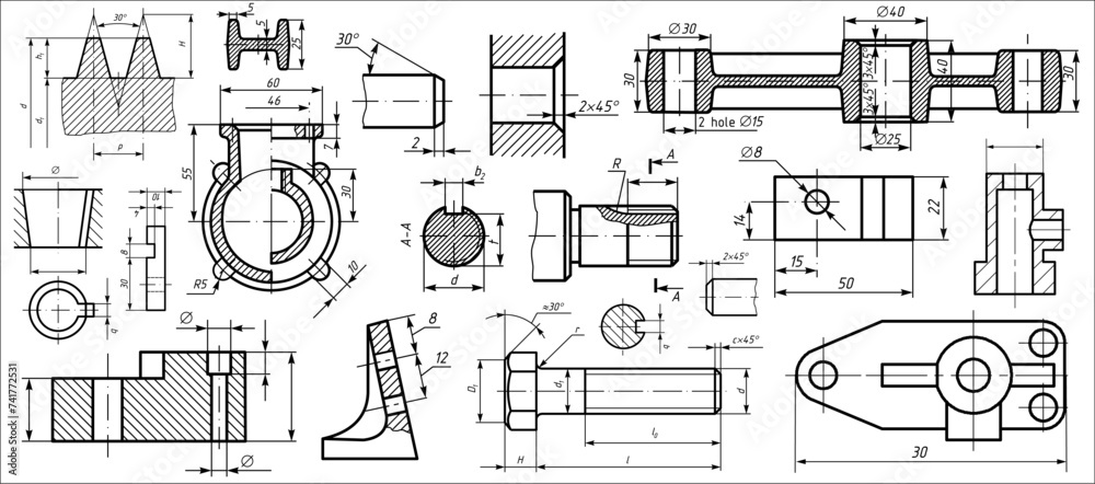 Vector engineering drawing of steel mechanical parts with through holes ...