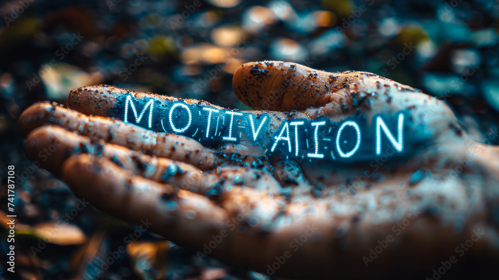 Holographic 'Motivation' text on a businessman's hand symbolizes a ...