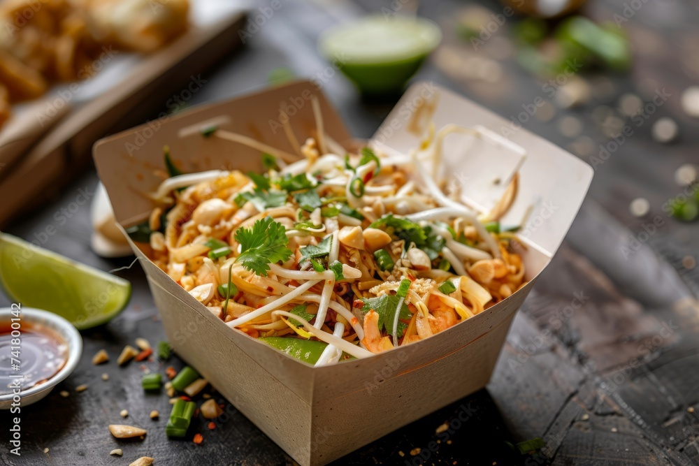 Comida asiática para llevar. Envase cuadrado con alimento de tipo ...