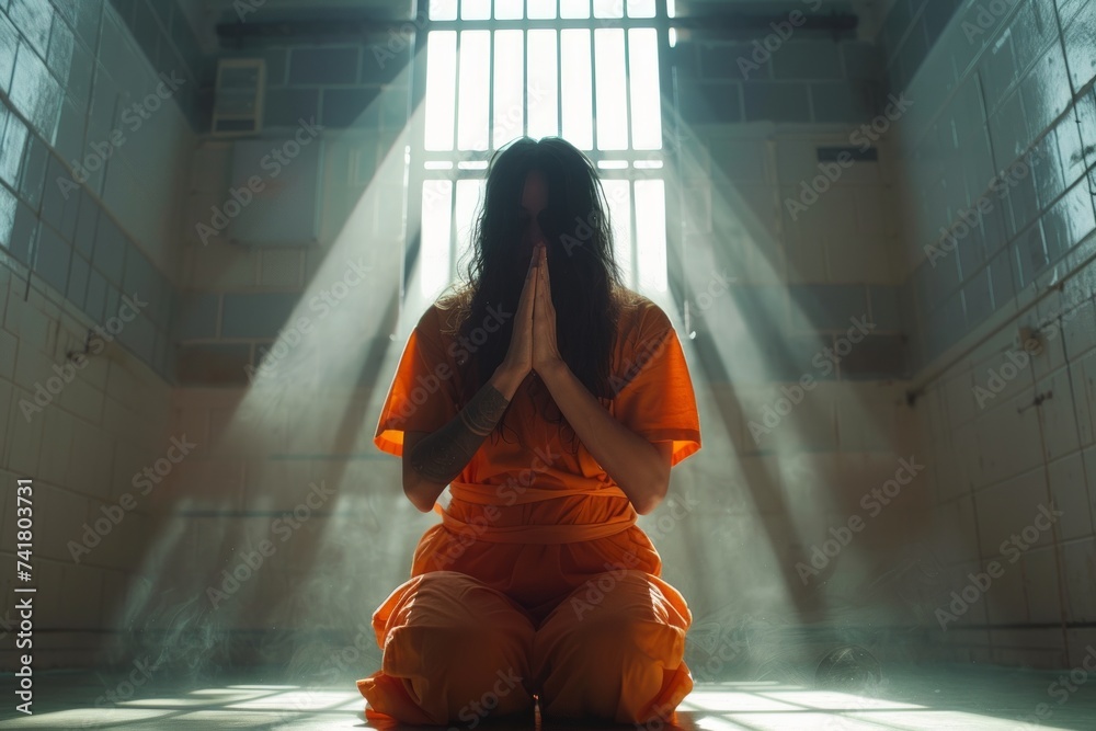 Female prisoner in an orange uniform with dark long hair sitting with ...