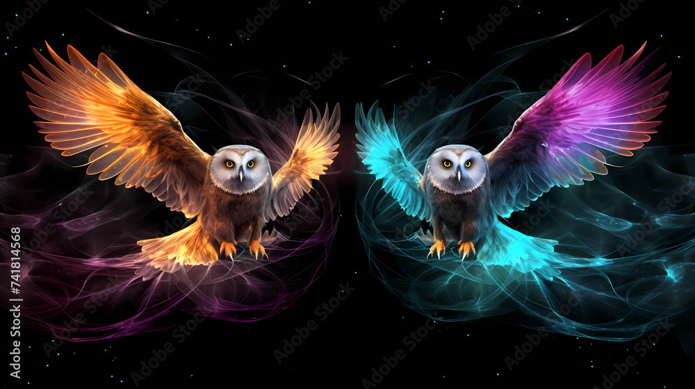 2 Flying Owls Animal Plexus Neon Black Background Digital Desktop ...