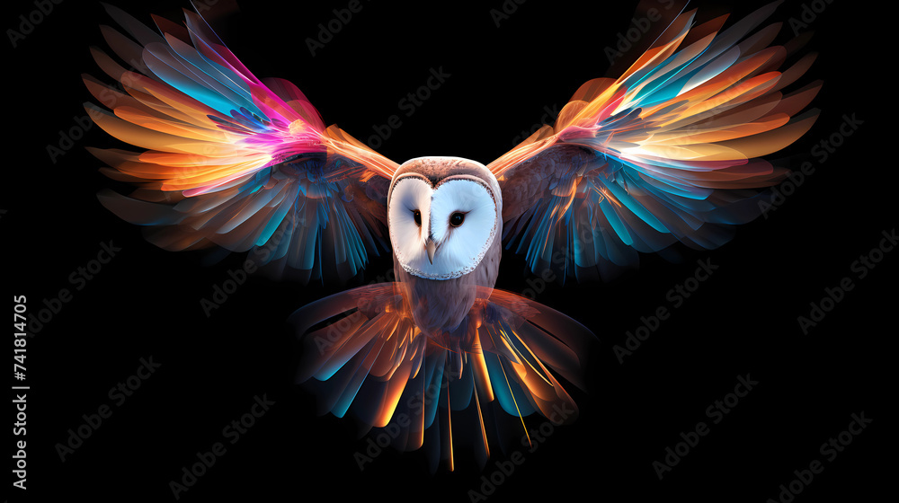 Flying Barn Owl Animal Plexus Neon Black Background Digital Desktop ...