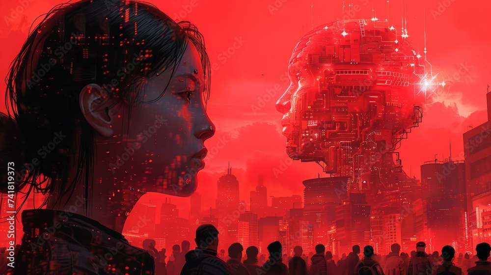 A digital artwork of a young girl gazing at a colossal AI entity in a ...