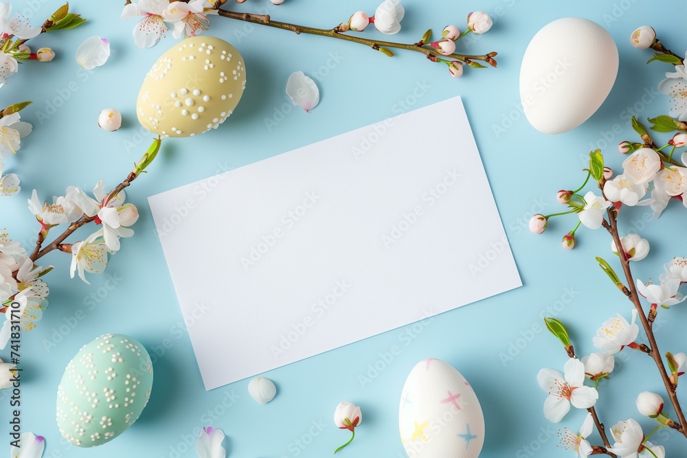 white blank rectangular paper on a pastel blue background with cherry ...