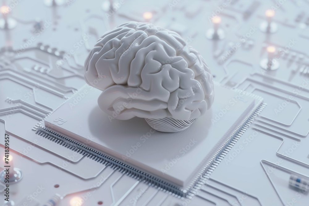 AI Brain Chip neon electric blue. Artificial Intelligence miniature ...