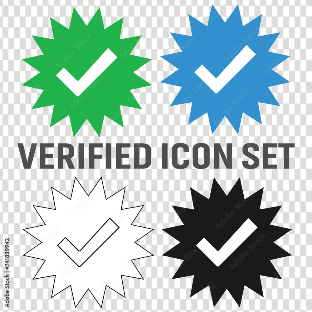 Set of social media verified icons. Tick in circle with zigzag ...