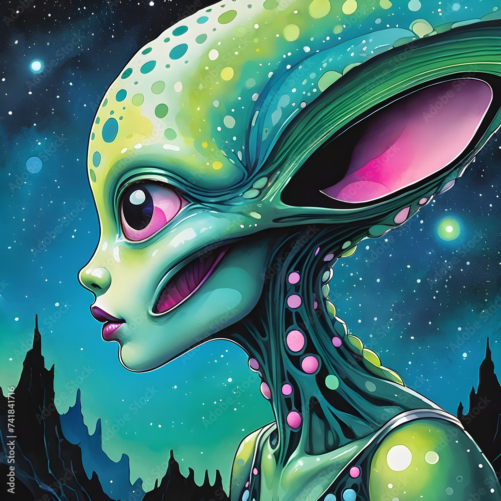 Imagine a cute little alien with a simple, minimalistic side profile ...