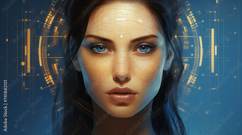 Golden ratio female, blueprint, face and abstract lines Stock ...