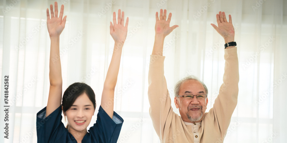 Young asian female nurse care giver helping asian senior old man in ...