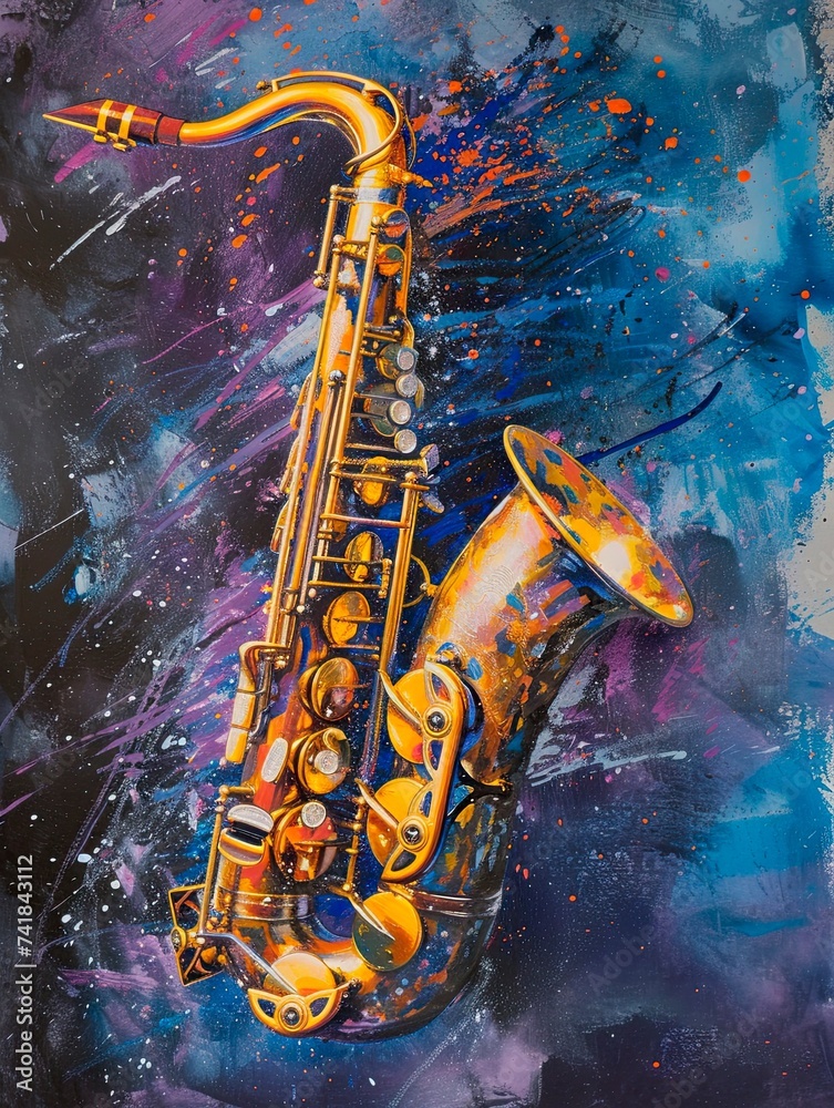 This is a vividly colored artwork featuring a highly detailed golden ...