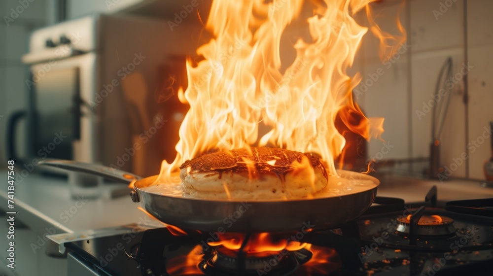 In this image, we see a dangerous situation in a kitchen where a frying ...