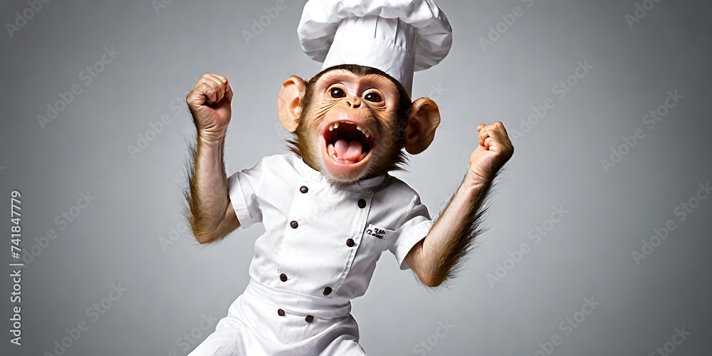 Cute monkey jumping with happiness wearing a chef's hat on a light ...