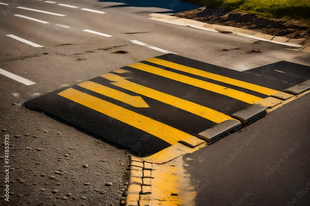 Traffic safety speed bump on an asphalt road in a parking area. Speed ...