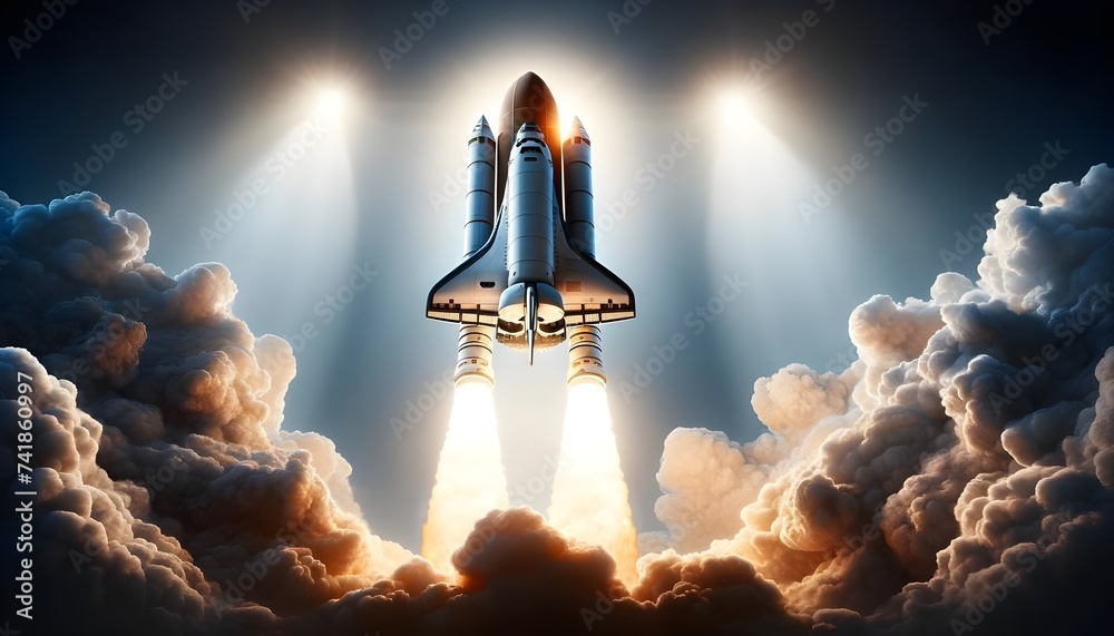 The image captures the dramatic ascent of a space shuttle, piercing ...
