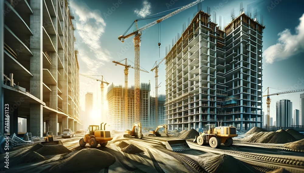 This image depicts a busy construction site with multiple cranes and ...