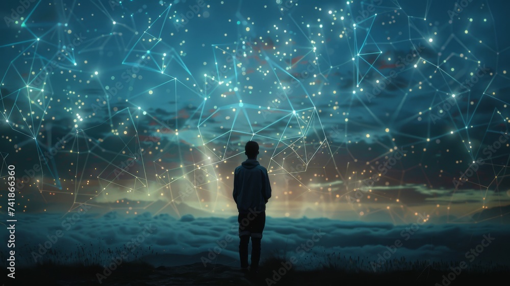Contemplating Cosmic Connections - A lone figure stands before a ...