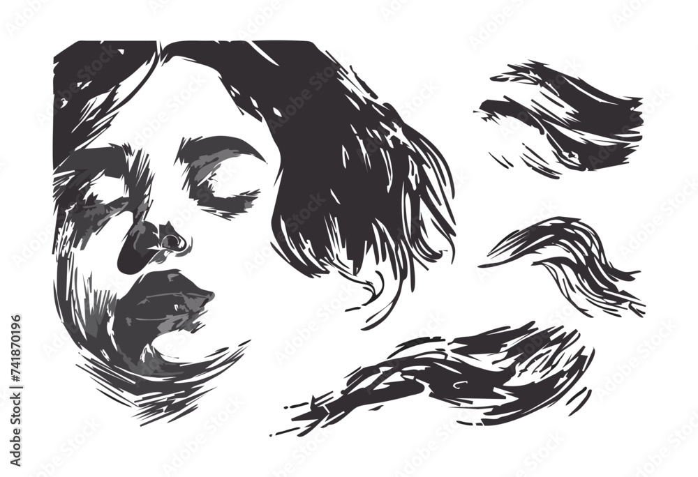 Black and white drawing of woman's face, ink drawing, process art ...