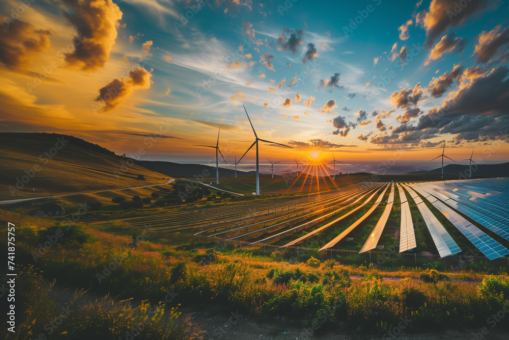 Wind turbines with solar panels. Green energy concept. Solar cell plant ...