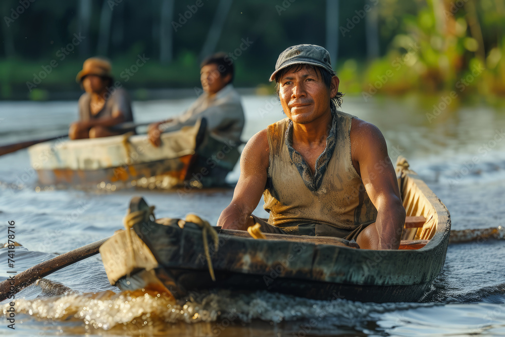 dos indígenas navegando en una pequeña barca de madera en la selva del ...