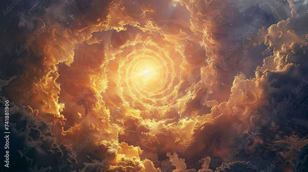 Mysterious portal surrounded by swirling clouds and shimmering light, hinting at the possibility ...