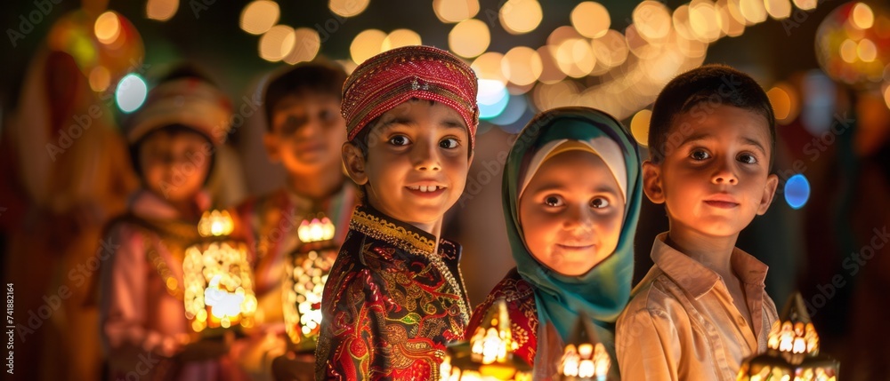Children wearing traditional clothing and carrying lanterns ...