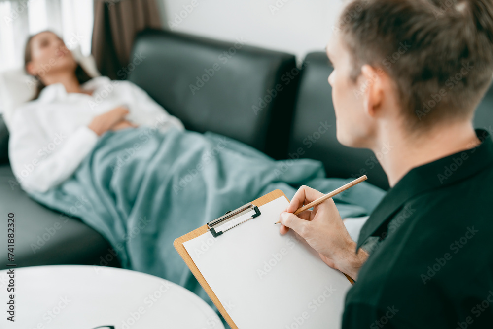 Stressed and depressed patient seeking help from psychiatrist with ...