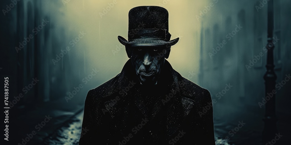 A dark and mysterious man standing in the midst of a foggy urban scene ...