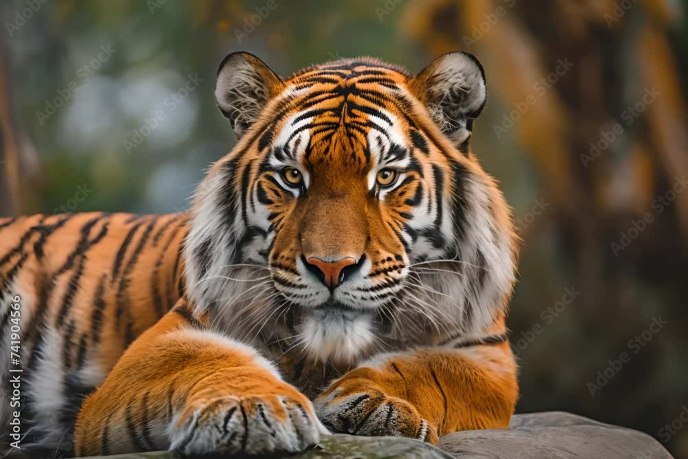 A majestic tiger lying down, staring intently at the camera, with a ...