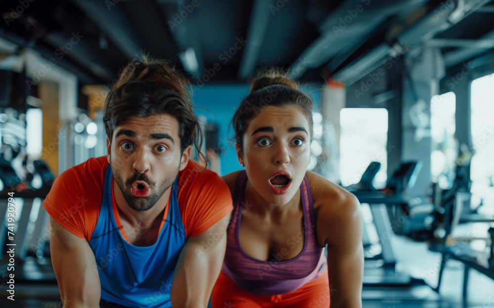 surprised and shocked faces of a guy and a girl in a gym with exercise ...
