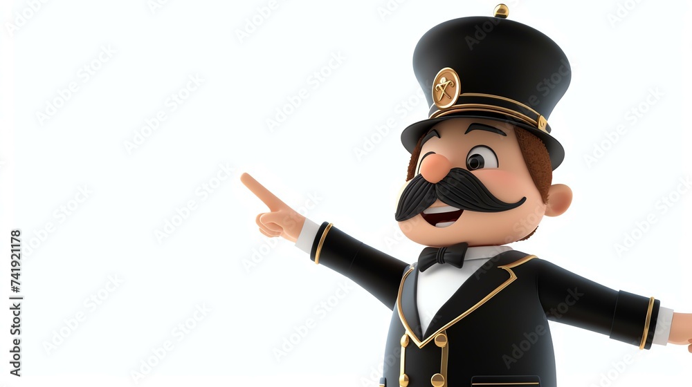 A charming 3D conductor character standing proudly on a clean white ...