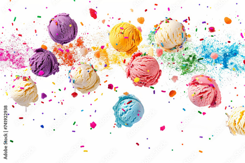 Flying colorful ice cream scoops and cones, white background ...