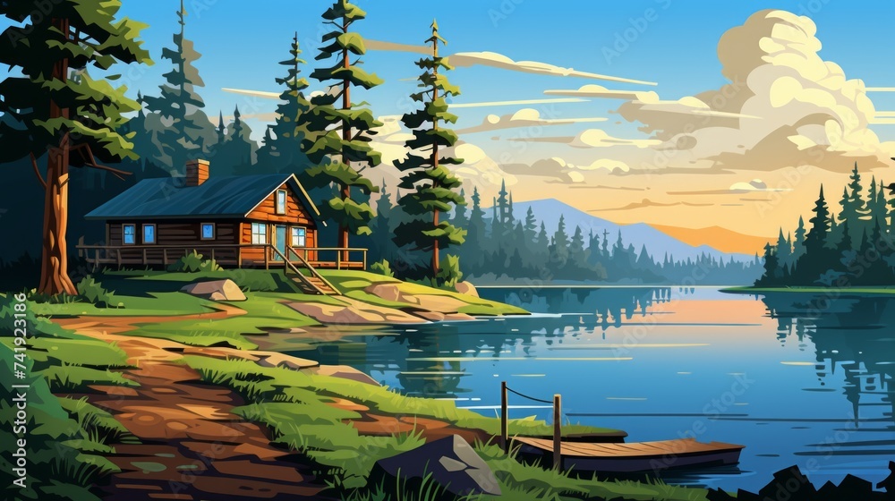 Generative AI A peaceful lakeside cabin surrounded by pine trees and a ...