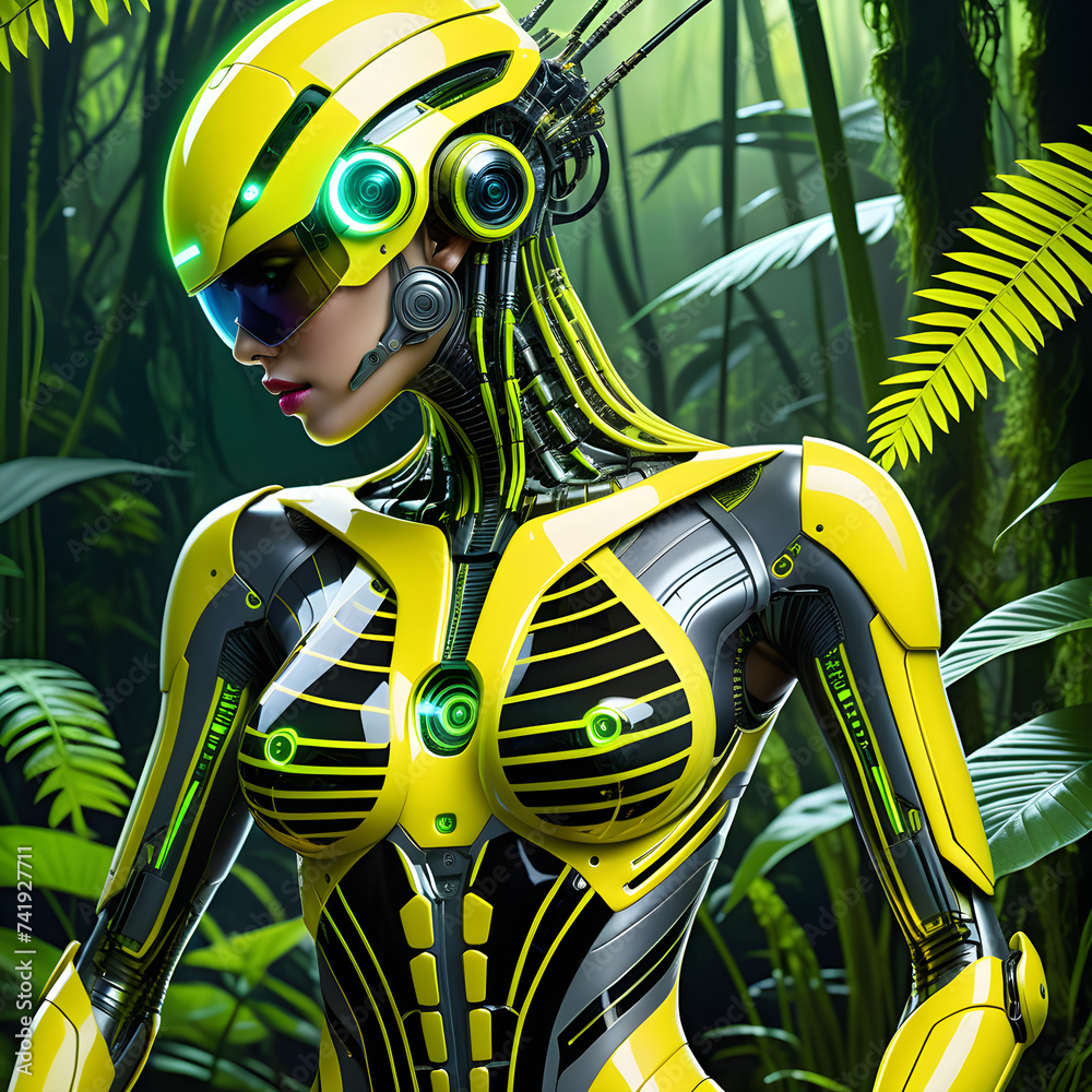 In the neon-lit streets of the cyberpunk city, there walks a striking ...