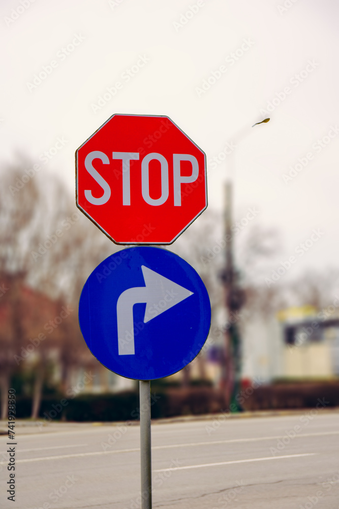 Poster stop sign and right turn sign in traffic – Wall Art | UkPosters
