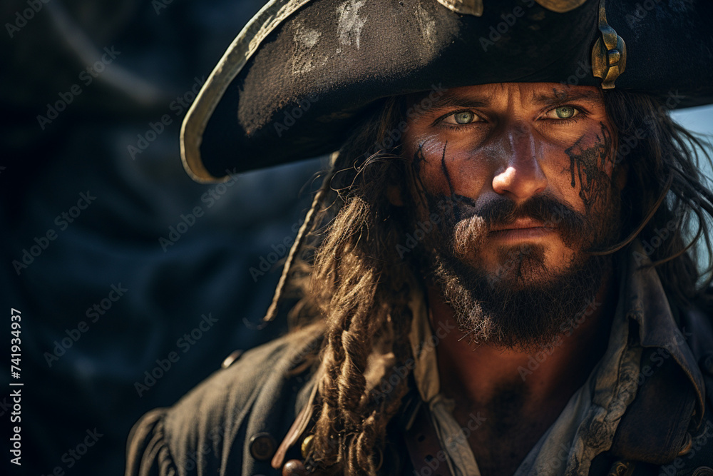 A Swashbuckling Portrait of a Sea-Weathered Pirate Captain, adorned in ...