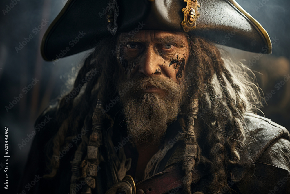 A Swashbuckling Portrait of a Sea-Weathered Pirate Captain, adorned in ...