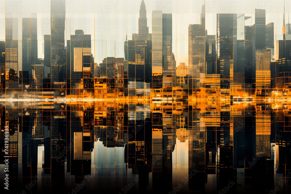 Create an evocative scene of urban reflections, portraying a contemporary city skyline mirrored ...