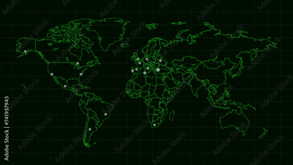 Glowing Green Neon World Map Continents and Countries. Animation of the ...