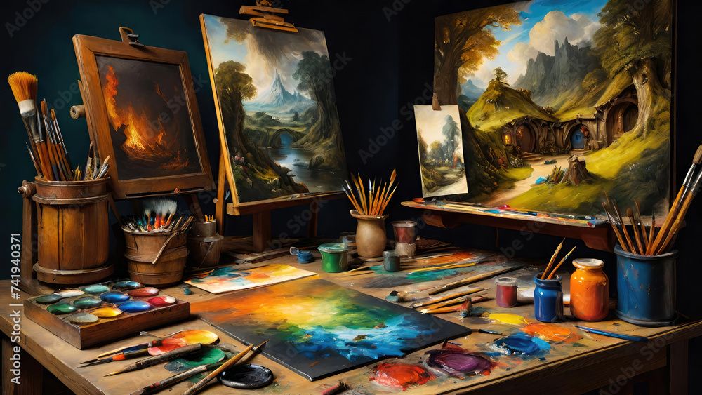 Painter artist studio vintage style interior.Artist's workshop with set ...
