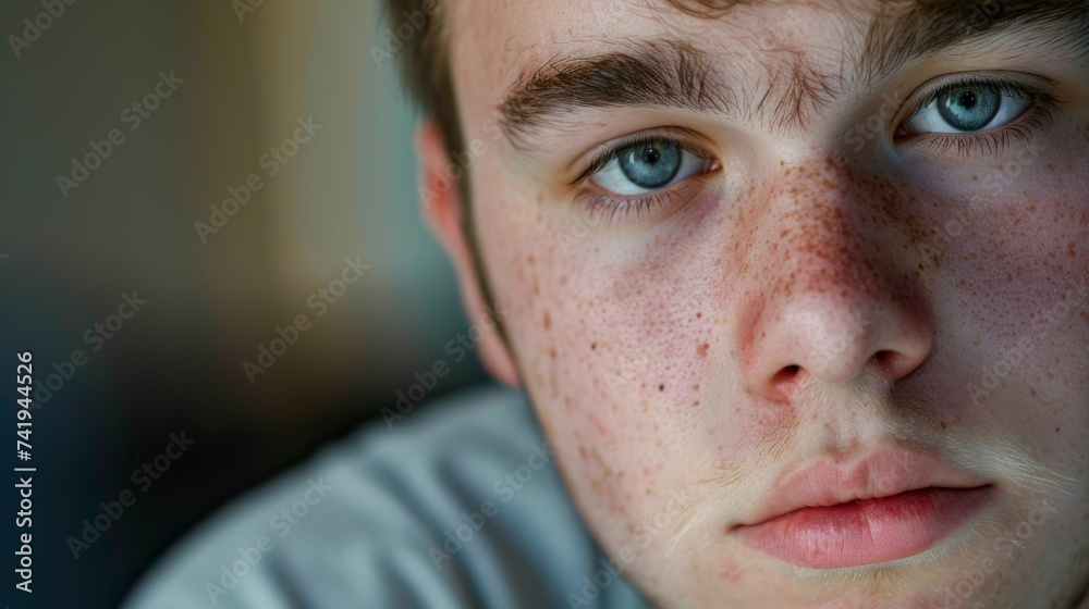 A mesmerizing closeup of a man's face captures the intricate details of ...